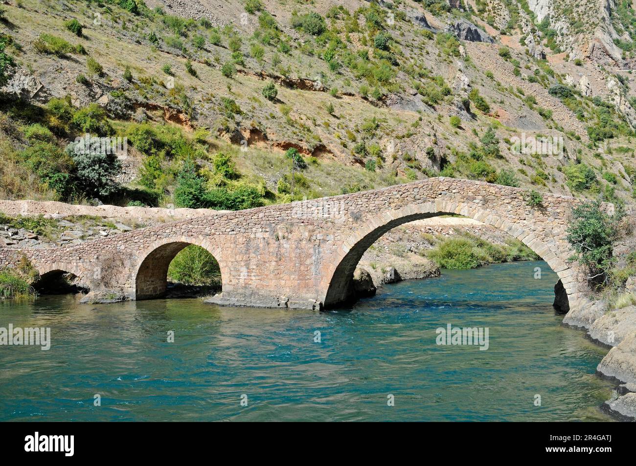 Roman bridge, Noguera Ribagorzana, river, Sopeira village, Pyrenees ...