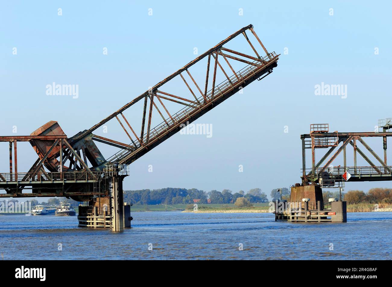 Opened railway bascule bridge over the Ems, Friesenbruecke, railway ...