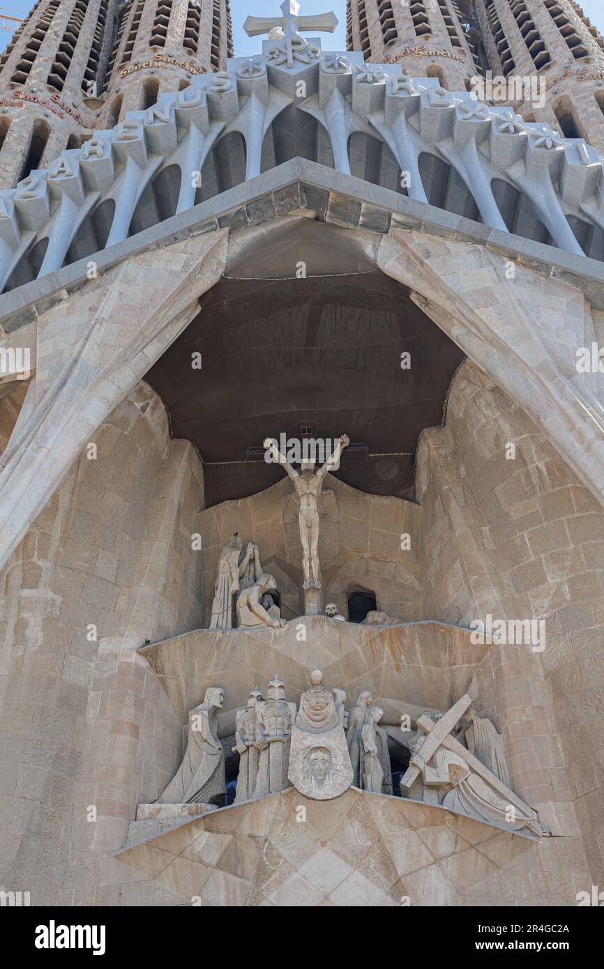 The statues on the Outer Facade of the Basilica of the Sagrada Familia, Barcelona, Spain ...