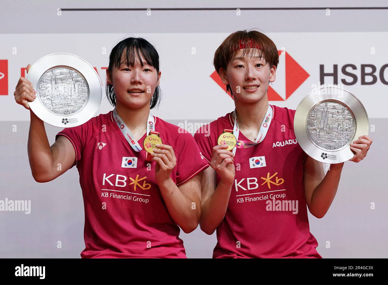 South Korea's Lee So Hee, right and Baek Ha Na pose with their medals ...