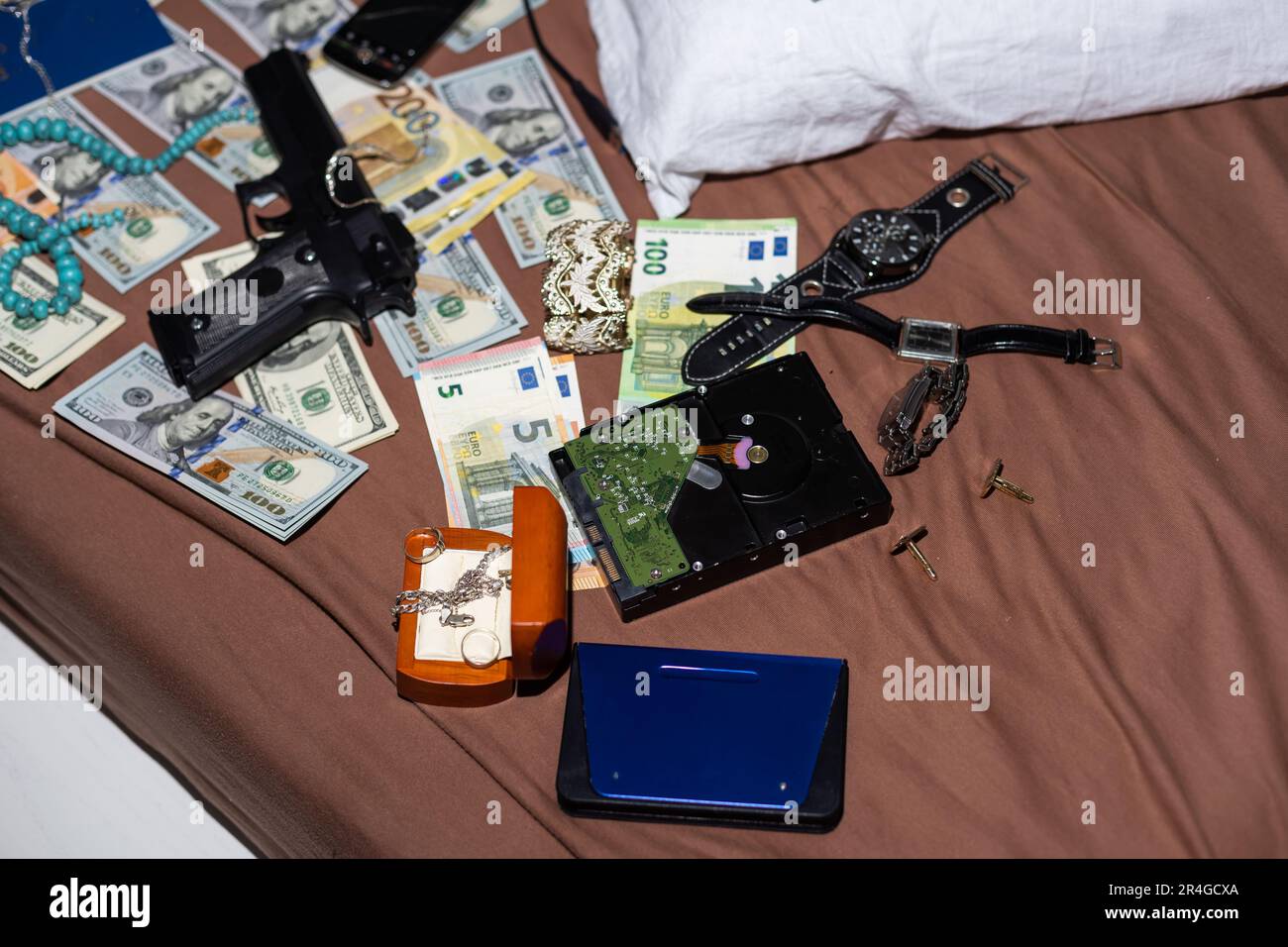 Flat lay composition with evidences and crime scene markers on ...