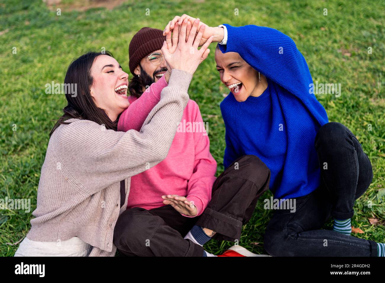 three friends high fives sitting on the grass Stock Photo - Alamy