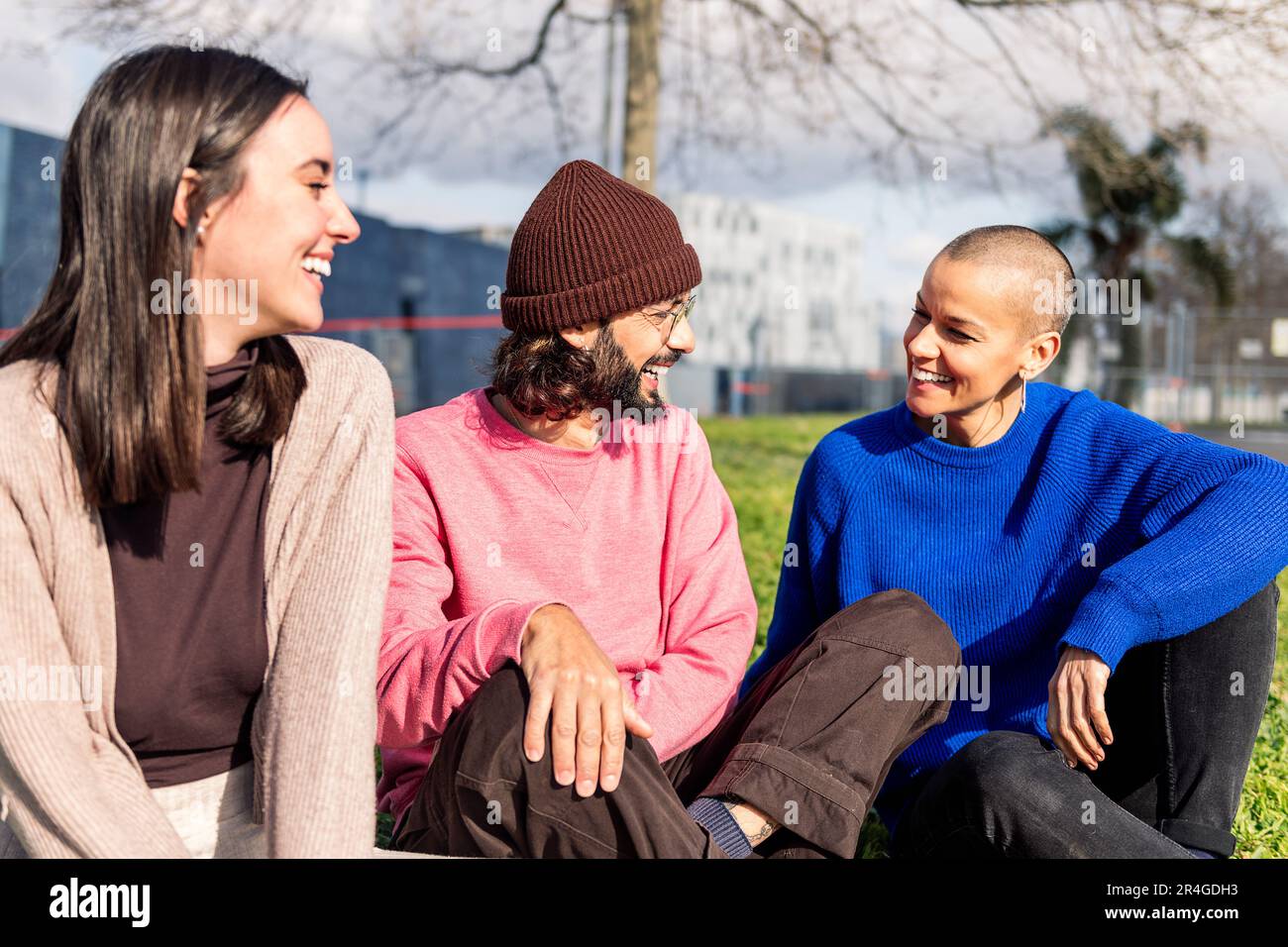 three friends talking happy sitting in the lawn Stock Photo - Alamy