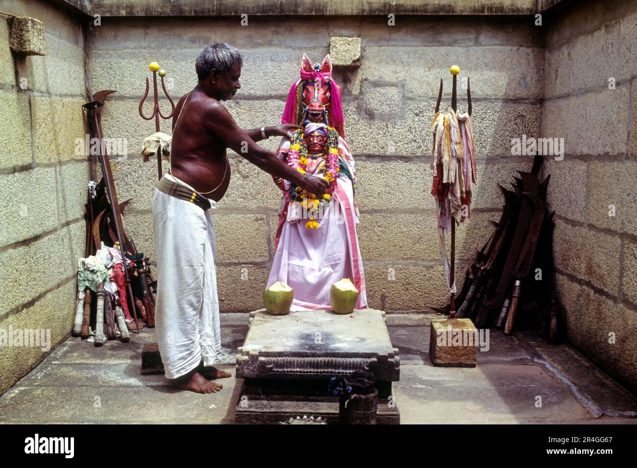 Poojari with guardian deity, Kuladeivam temple near Pudukkottai, Tamil ...