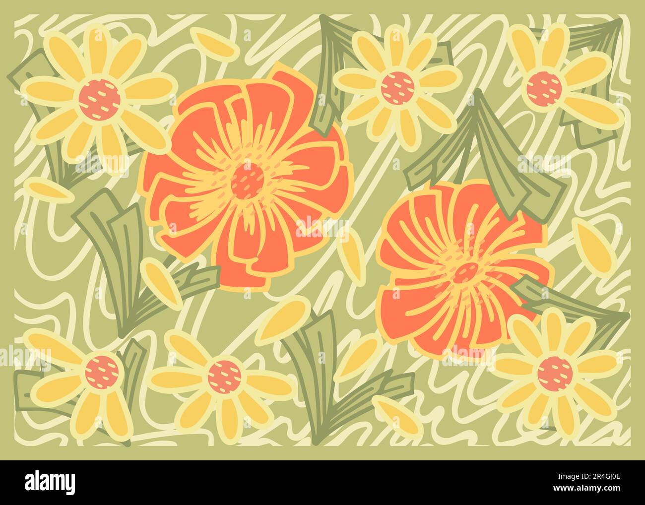 Groovy wavy daisy horizontal banner Abstract retro line art aesthetic ...