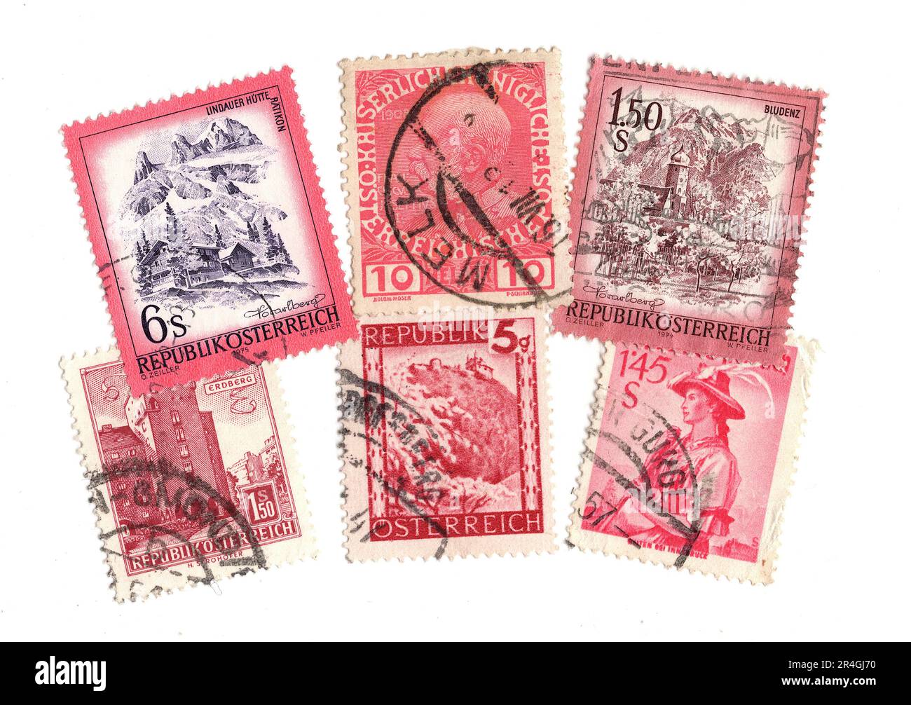 Pink vintage postage stamps from Austria isolated on a white background ...