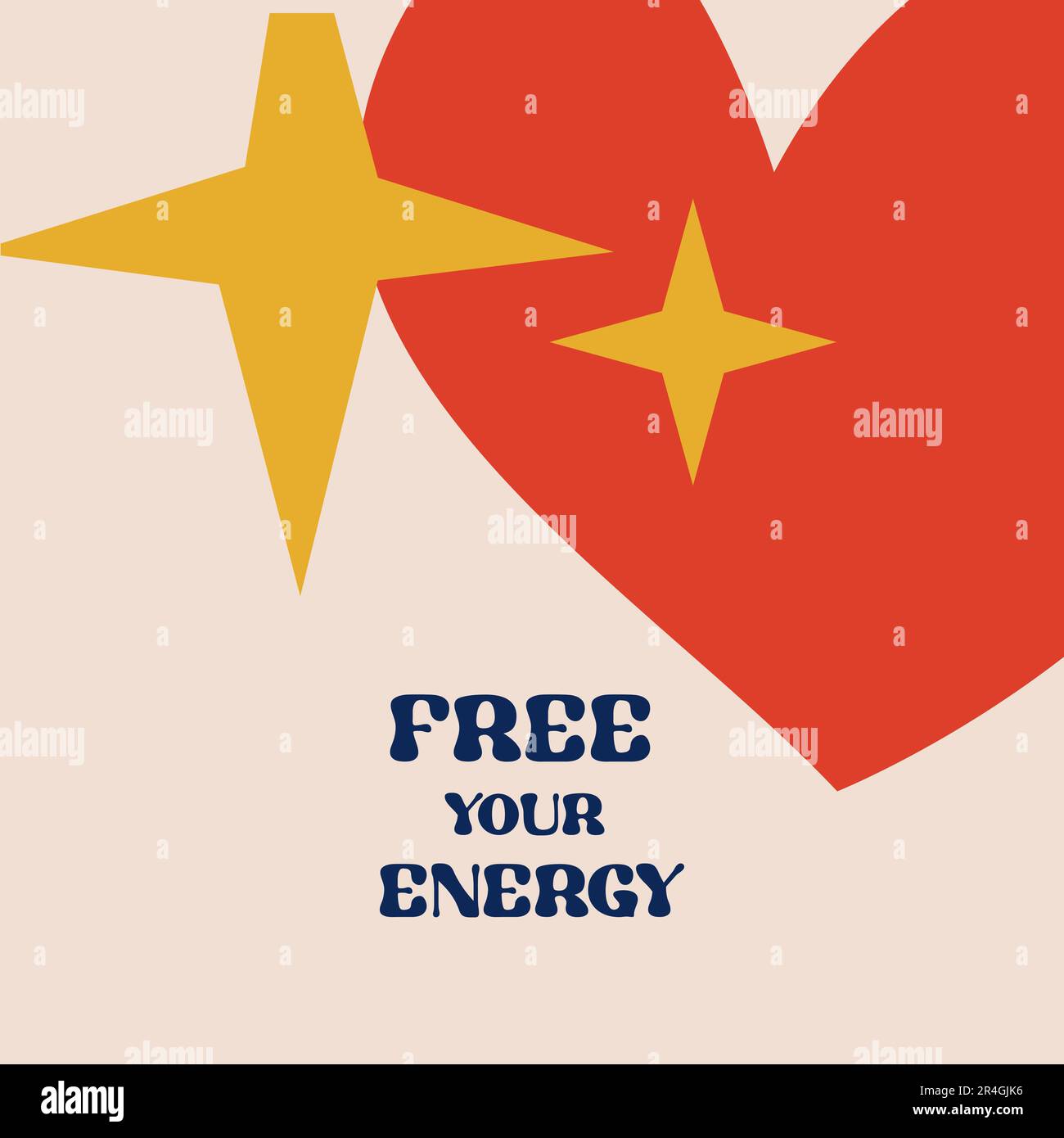 Motivation card design with text Free your energy and red heart with stars in Groovy style on ...