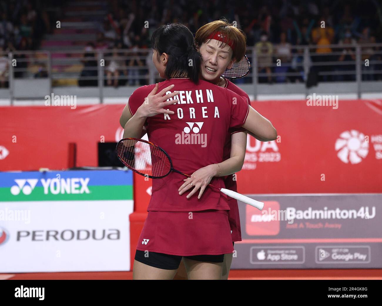 Kuala Lumpur, Malaysia. 28th May, 2023. South Korea's Baek Ha Na/ Lee So Hee (R) celebrate after ...