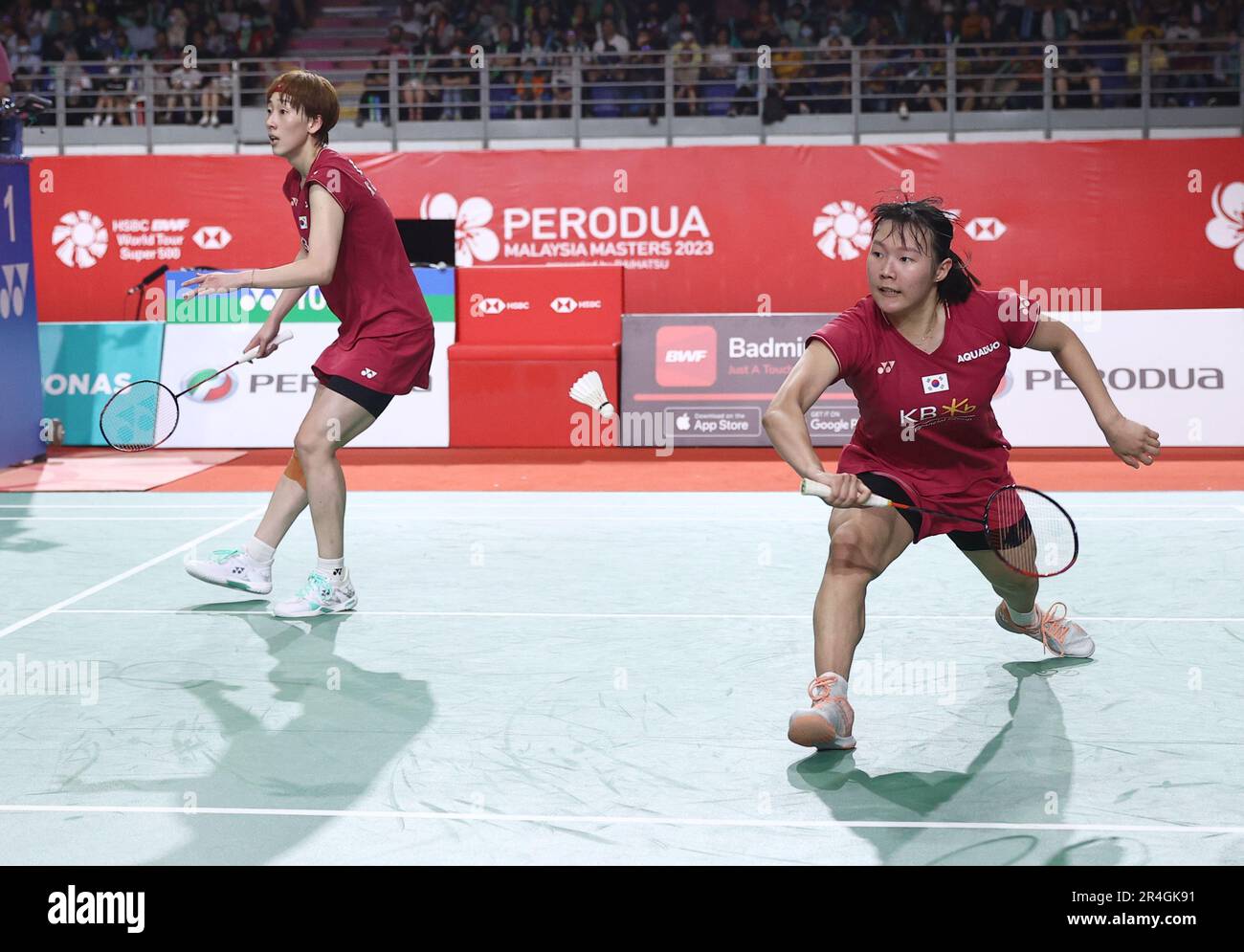 Kuala Lumpur, Malaysia. 28th May, 2023. South Korea's Baek Ha Na (R)/Lee So Hee compete during ...
