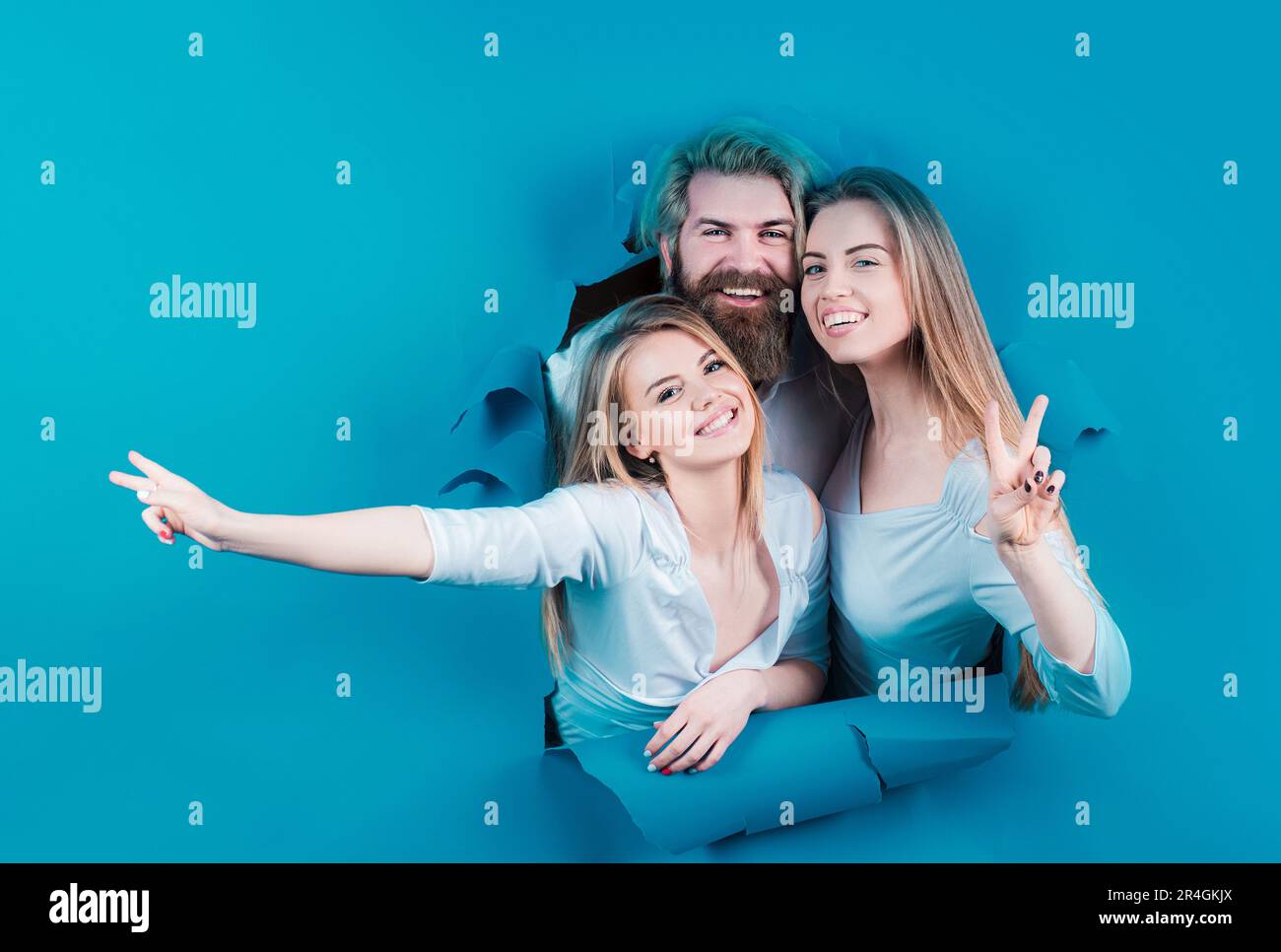 Happy people isolated. Group of happy three friends in laughing. Paper ...