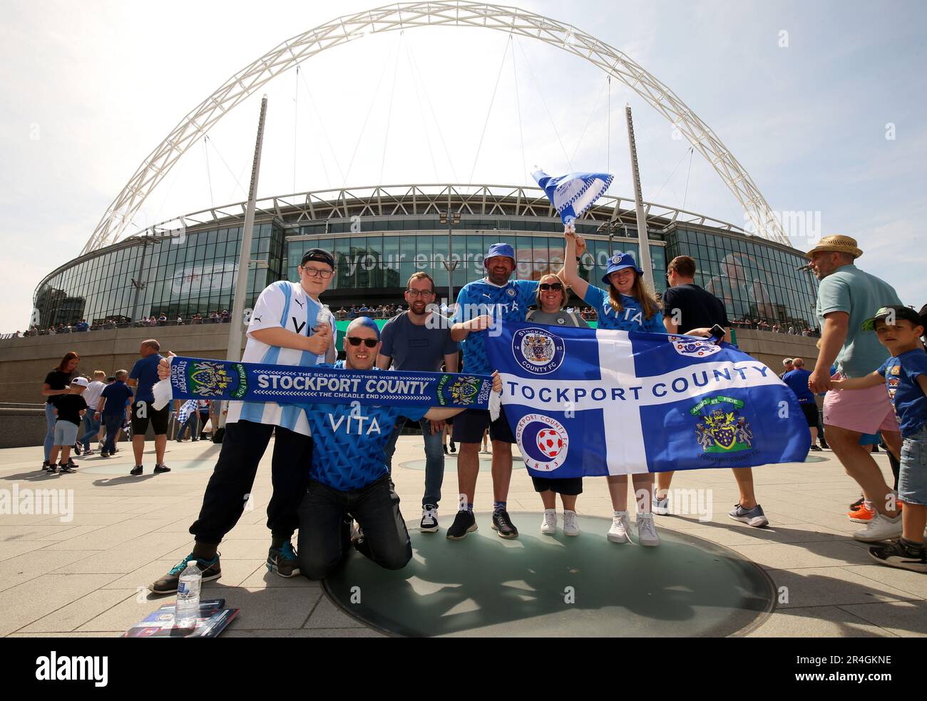 Stockport County fans pose for a photo on Wembley Way ahead of the Sky ...