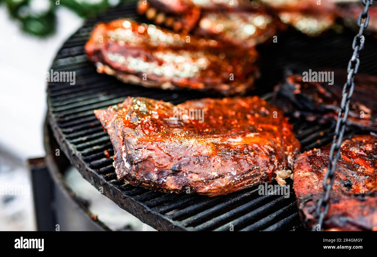 Barbecue grill meat at street food market. Fresh cooking delicious hot ...