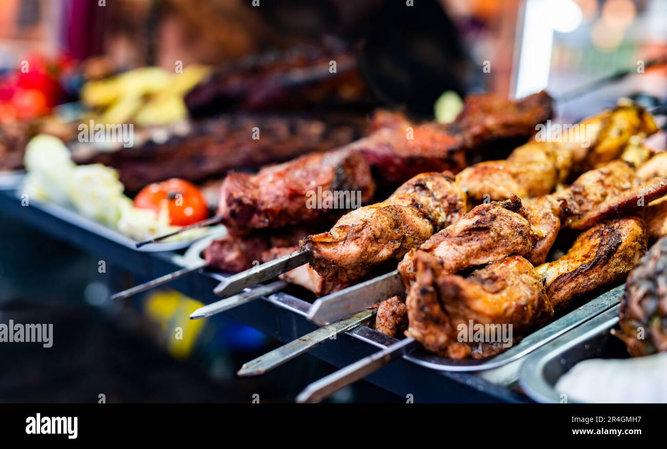 Barbecue grill meat at street food market. Fresh cooking delicious bbq ...