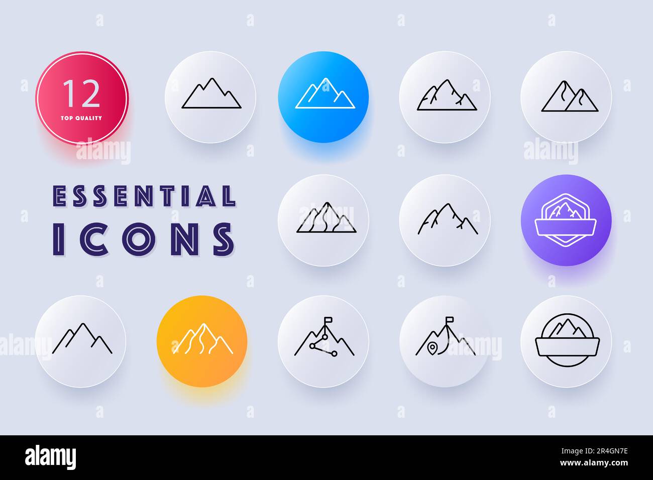 Mountain icon set. Illustration of a landscape with mountains, hills ...