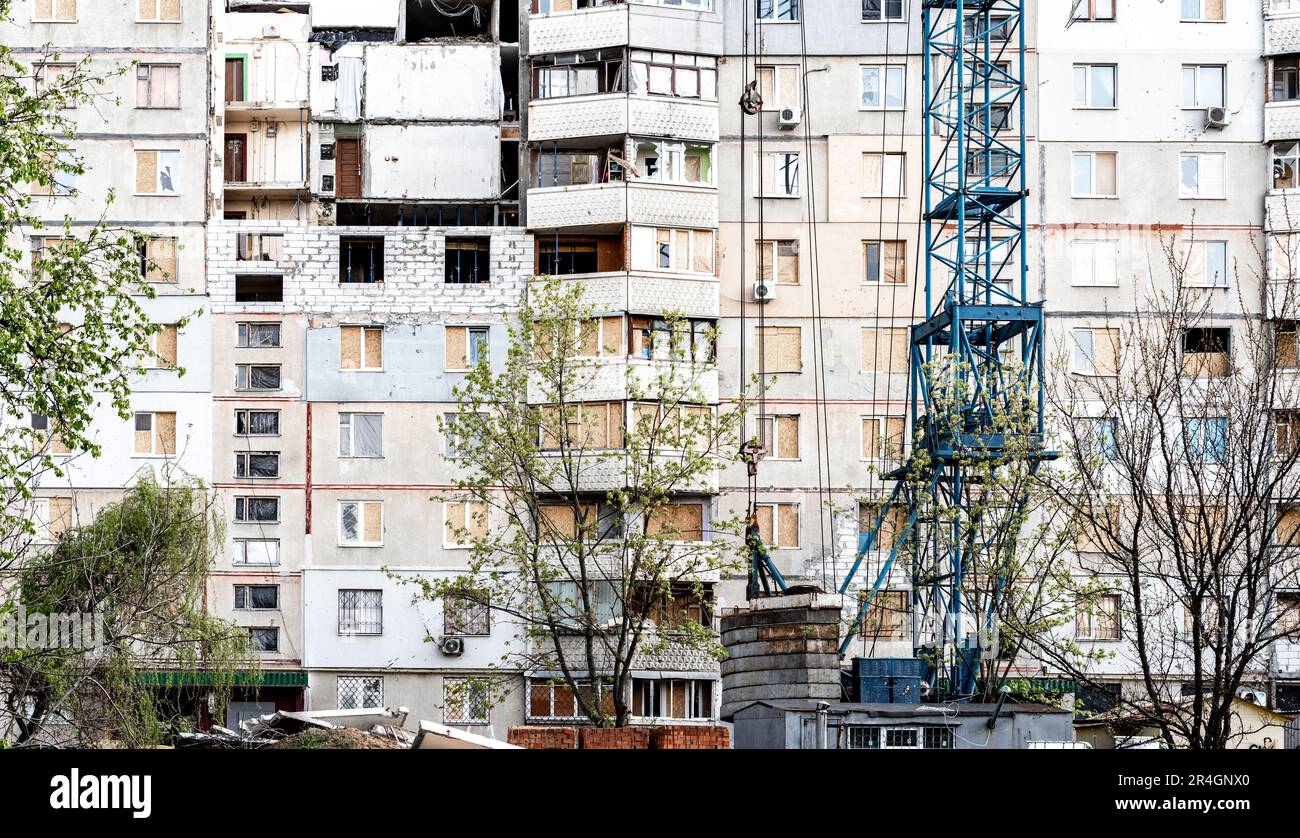 Destroyed residential building wall after russian missle rocket attack ...