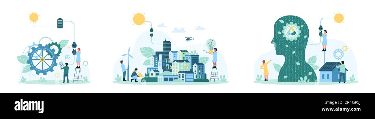 Green energy set vector illustration. Cartoon tiny people work with eco ...