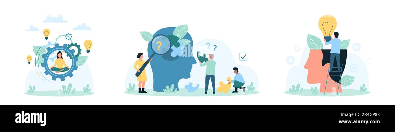 Mental health set vector illustration. Cartoon tiny people with ...