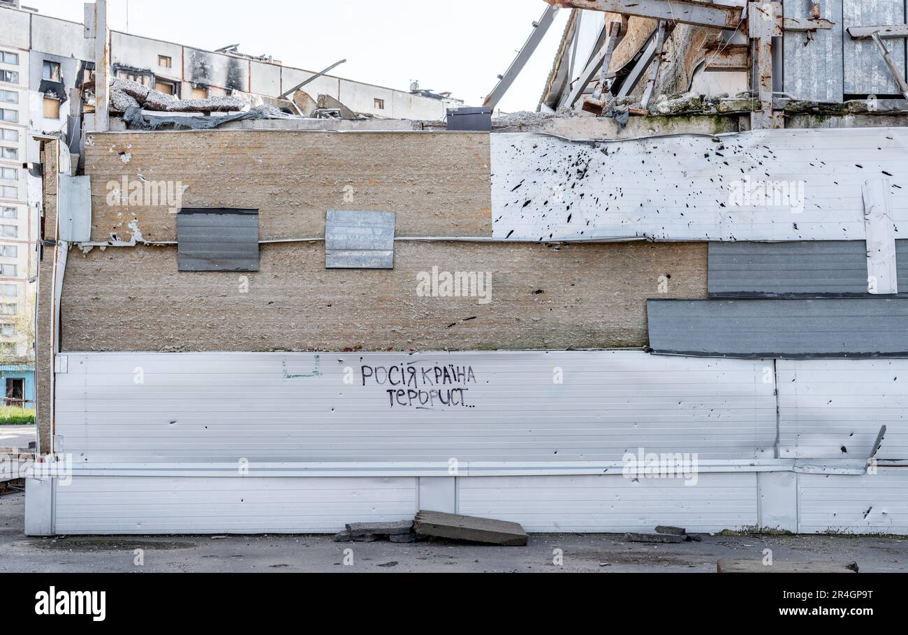 Letters Russia is terrorist state at destroyed building wall after ...