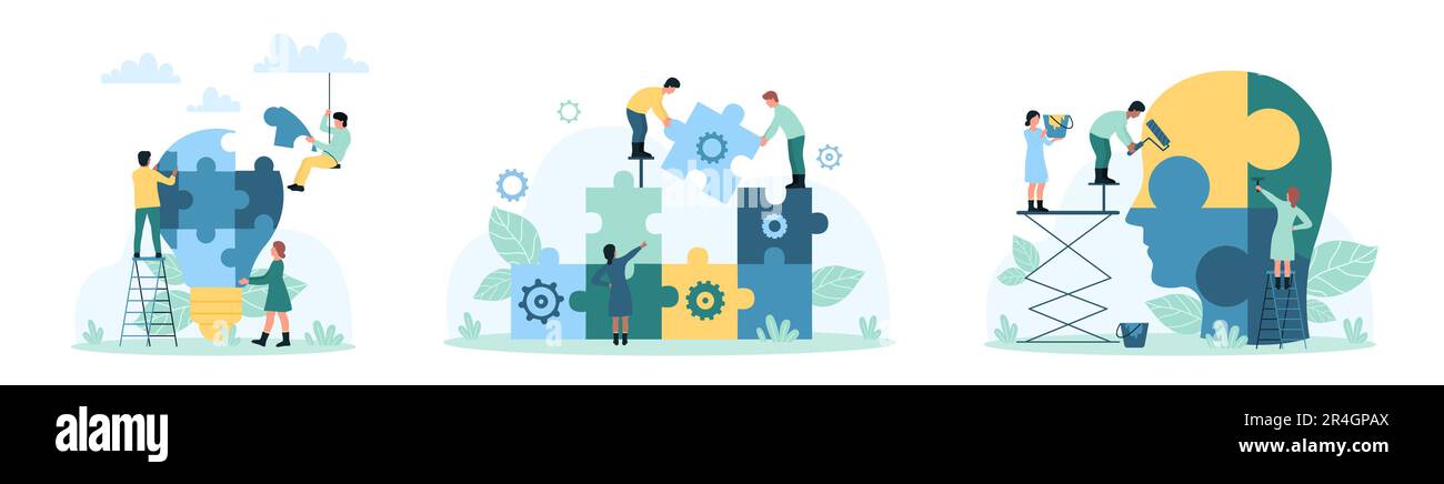 Teamwork with puzzle set vector illustration. Cartoon tiny people build ...