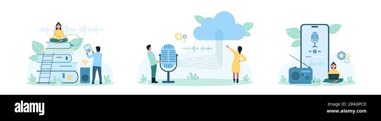 Audio podcast set vector illustration. Cartoon tiny people record ...