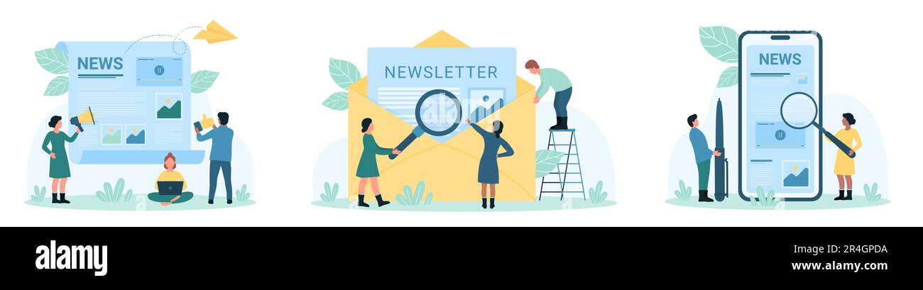 News, press release set vector illustration. Cartoon tiny people with ...