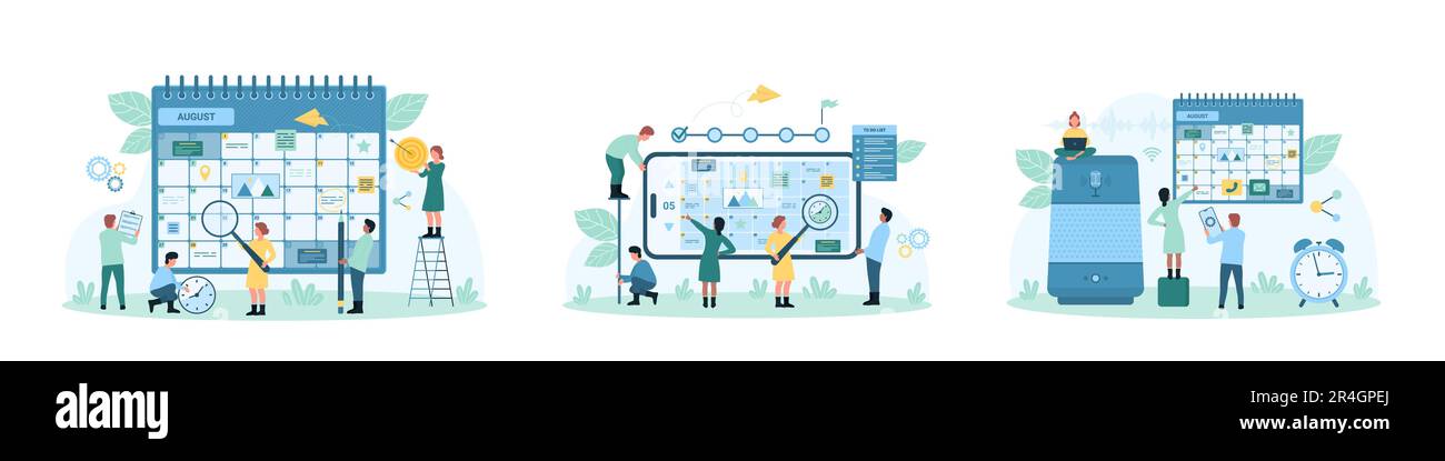 Calendar optimization set vector illustration. Cartoon tiny people with ...
