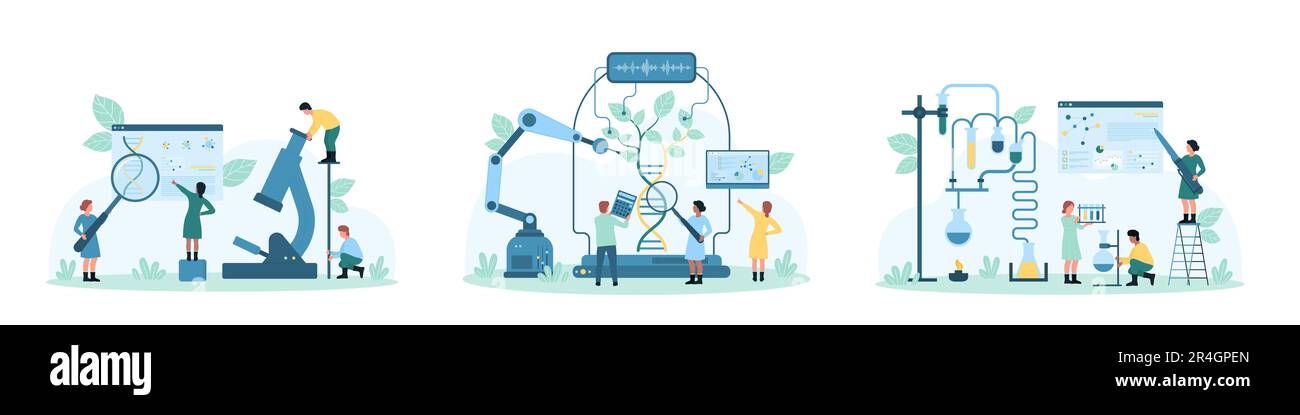 Science research set vector illustration. Cartoon tiny people study DNA ...