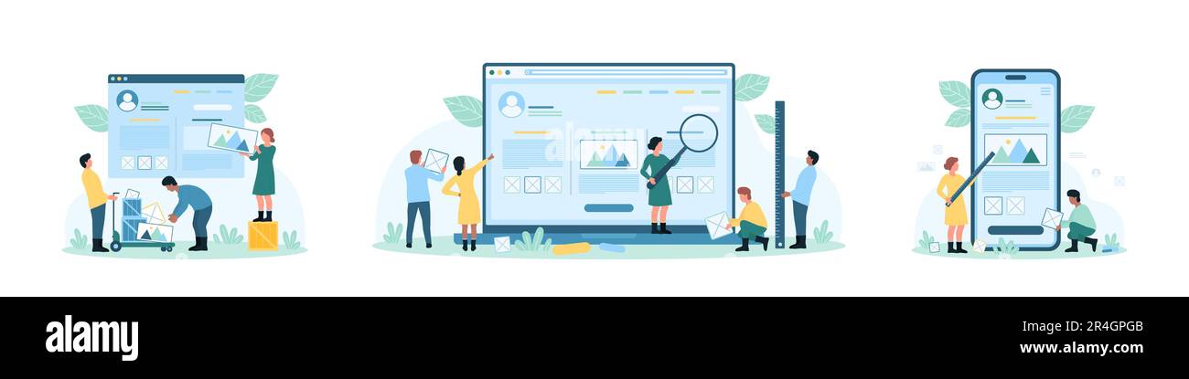 Website design set vector illustration. Cartoon tiny people building ...