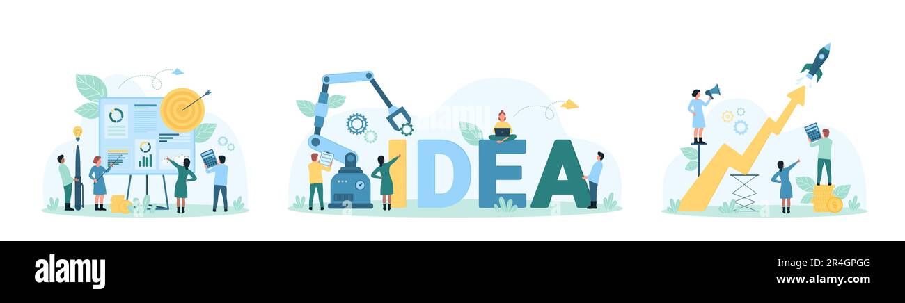 Business project development set vector illustration. Cartoon tiny ...