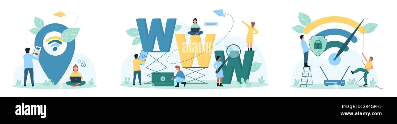 Internet, global network net vector illustration. Cartoon tiny people ...