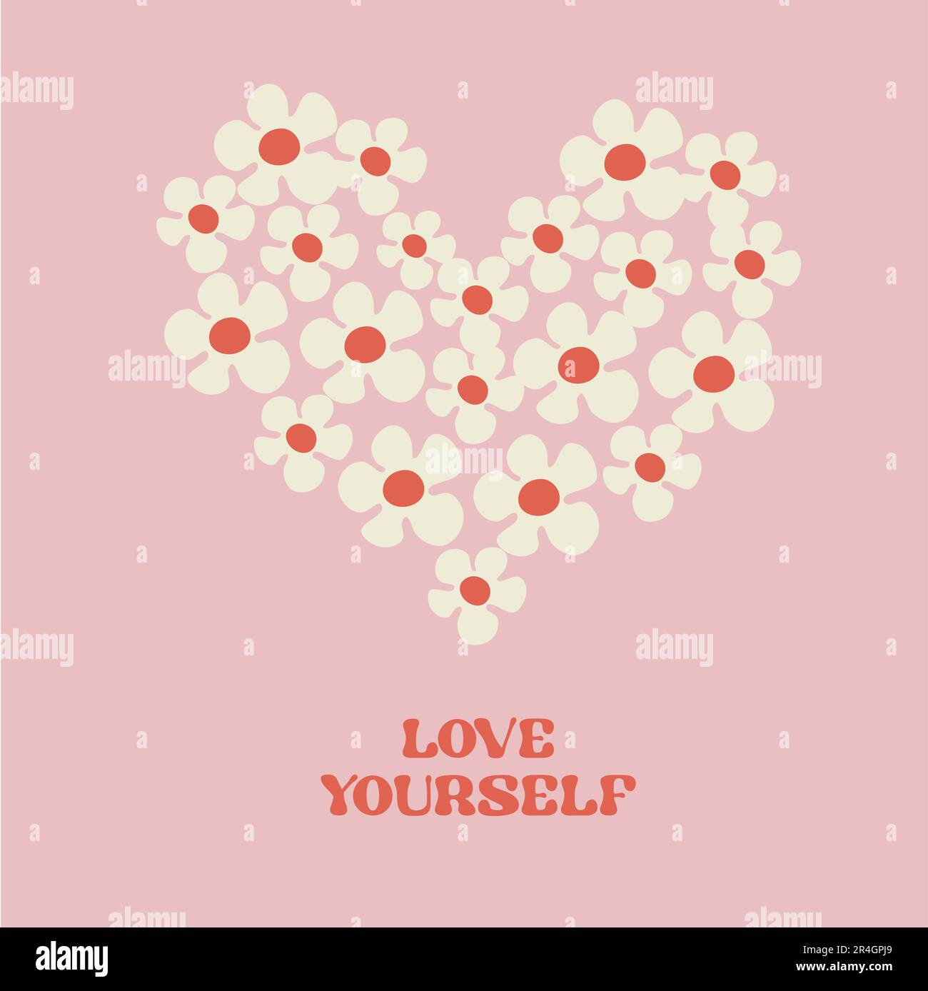 Motivation card design with text Love yourself and heart shaped flowers ...