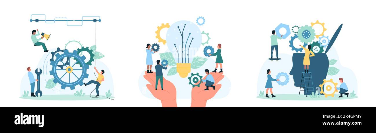 Automation of work set vector illustration. Cartoon tiny people work ...