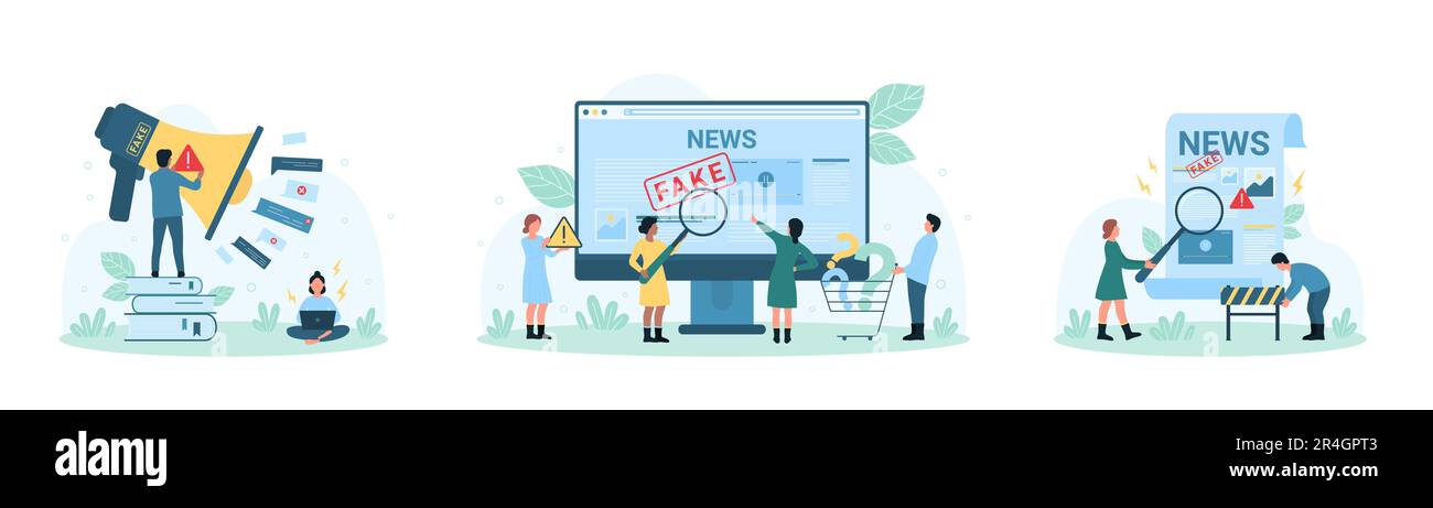 Fake news set vector illustration. Cartoon tiny people research facts ...