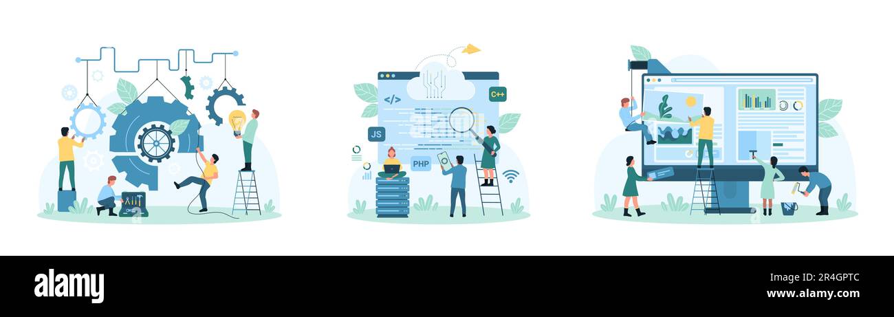 Business Technology And Design Development Set Vector Illustration Cartoon Tiny People Work 