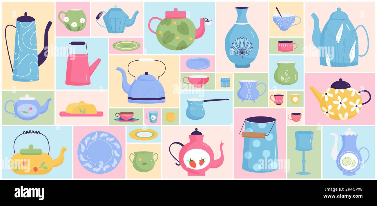 Cartoon home or cafe dinnerware collection with teapot teacup cup ...