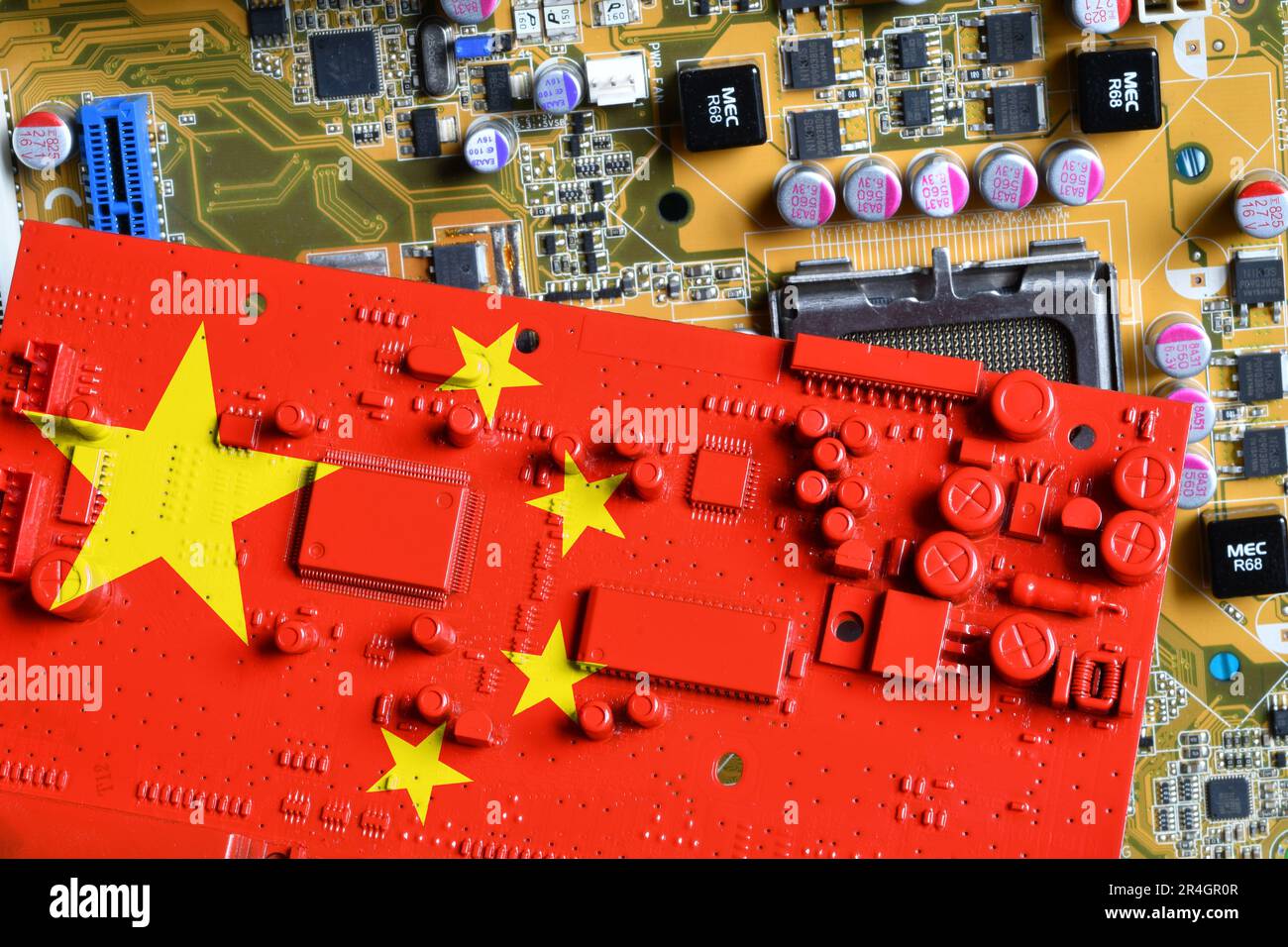 Flag of the Republic of China on a red painted printed circuit board ...