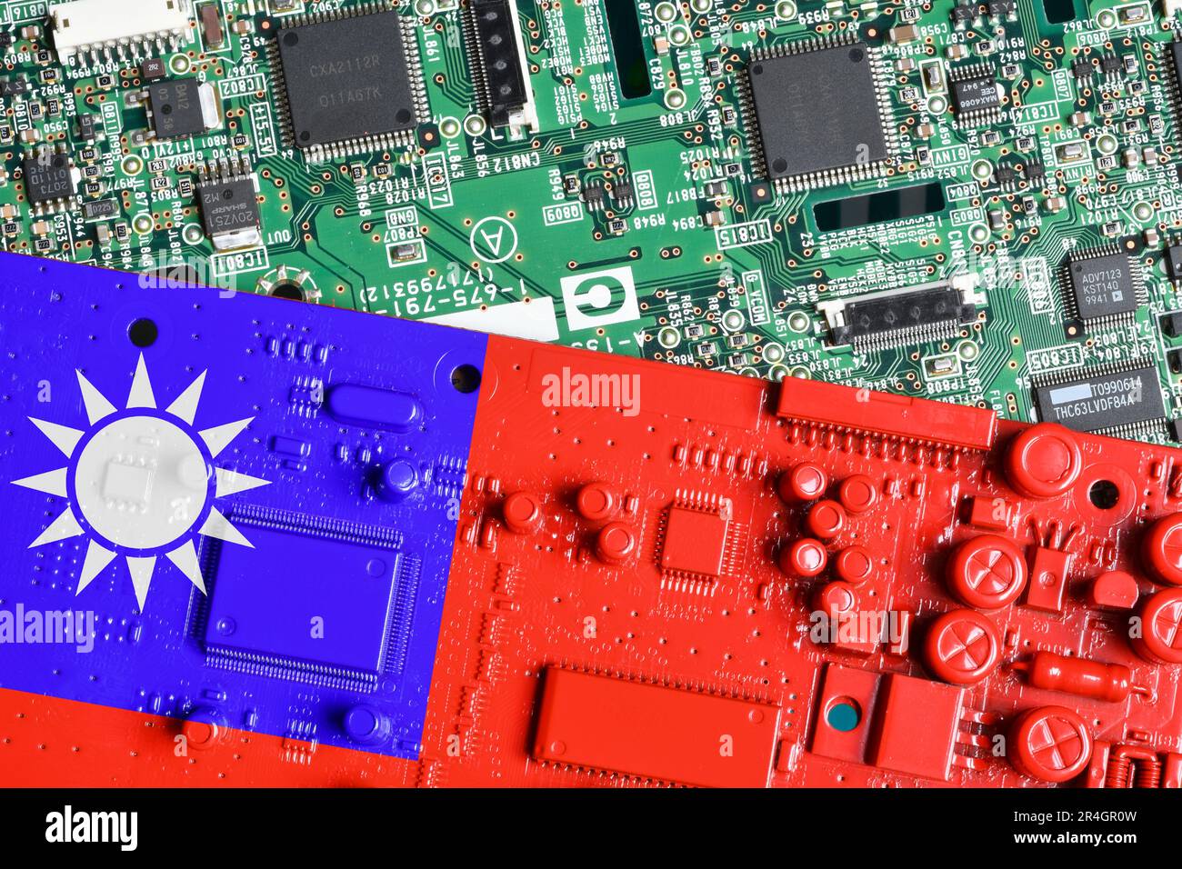 Flag of Taiwan on a red painted printed electronic circuit board ...