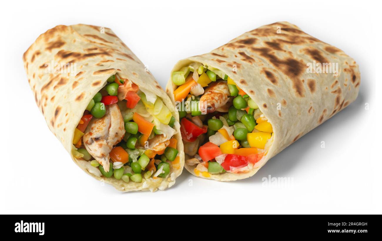 Tortilla wrap with fried chicken meat and vegetables isolated on white ...