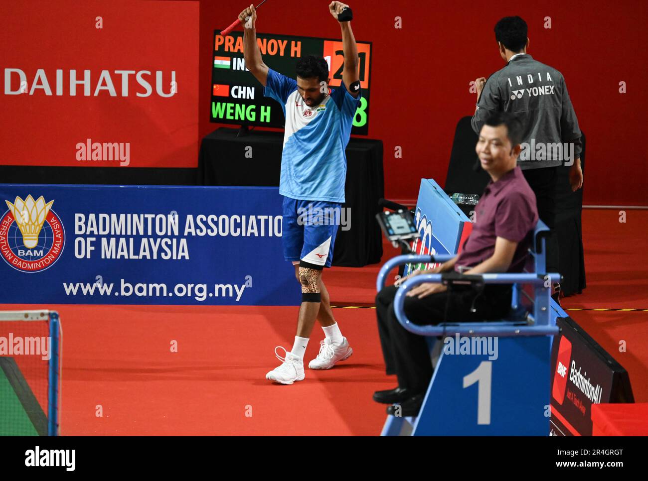 Kuala Lumpur, Malaysia. 28th May, 2023. India's Prannoy H.S. celebrates ...