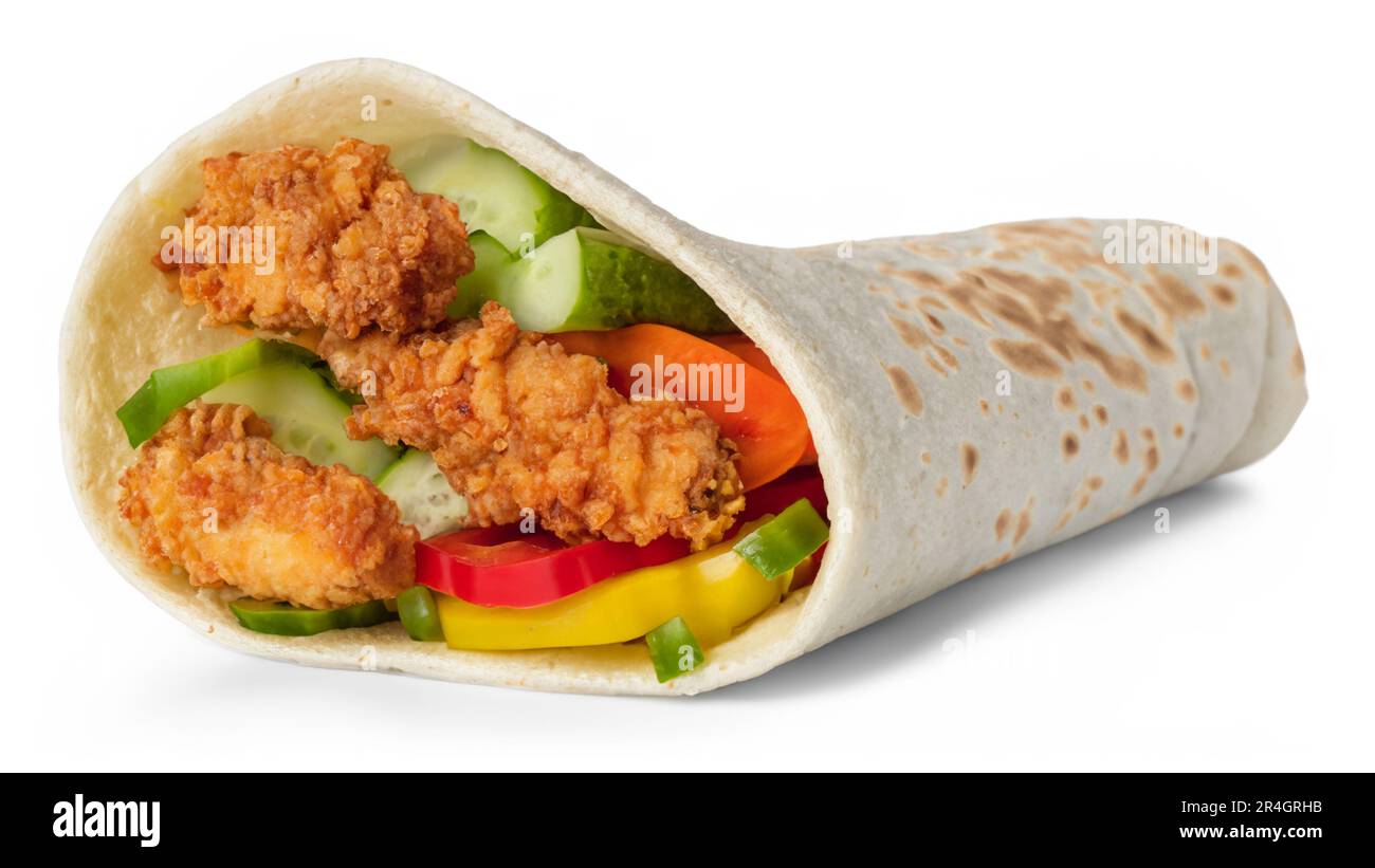 Tortilla wrap with fried chicken meat and vegetables isolated on white ...
