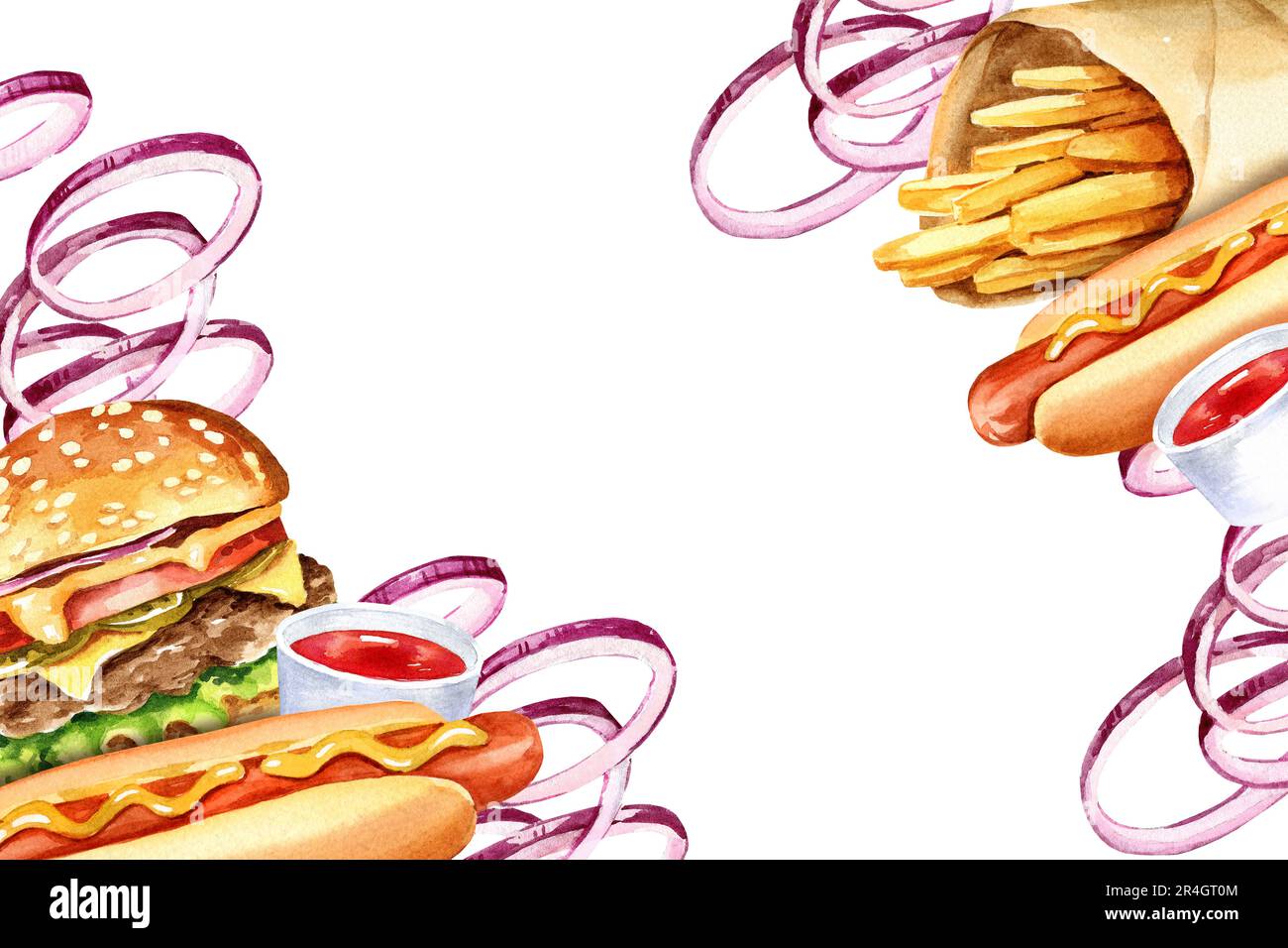 watercolor frame with fast food, hand drawn illustration of burger with ...