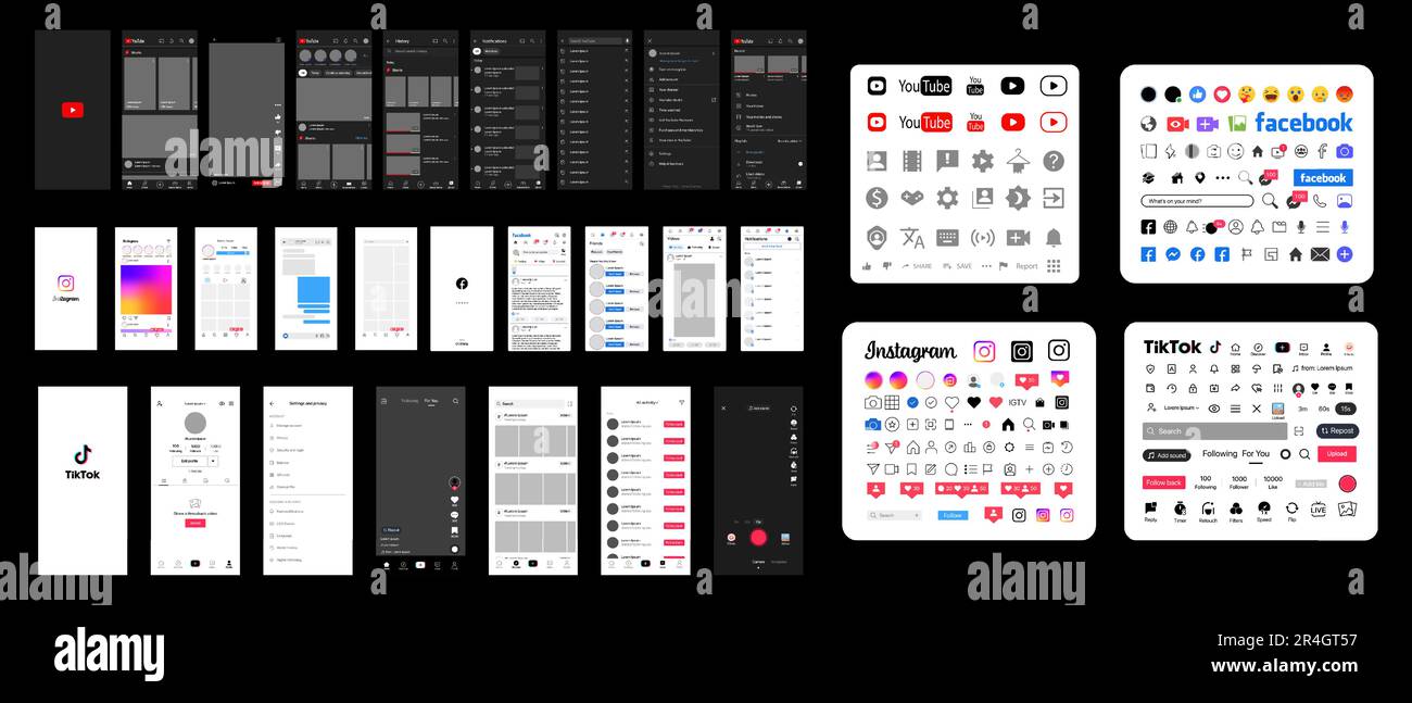 Tik Tok, Youtube, instagram and facebook mockup. Big Set screen social ...