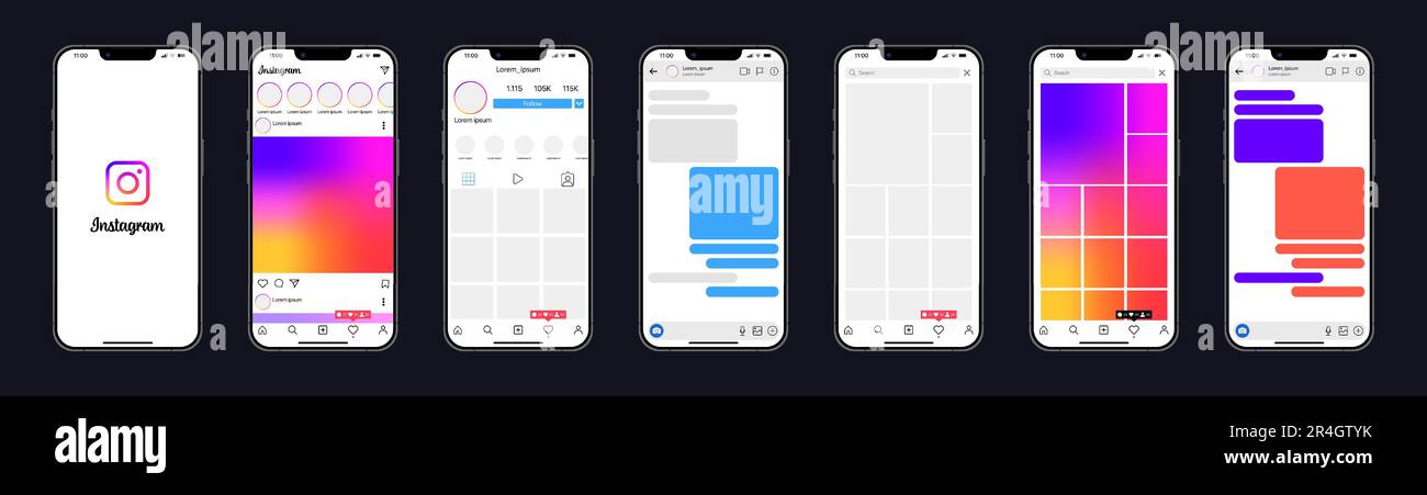 Instagram template app screens on Apple Iphone vector set. Realistic ...