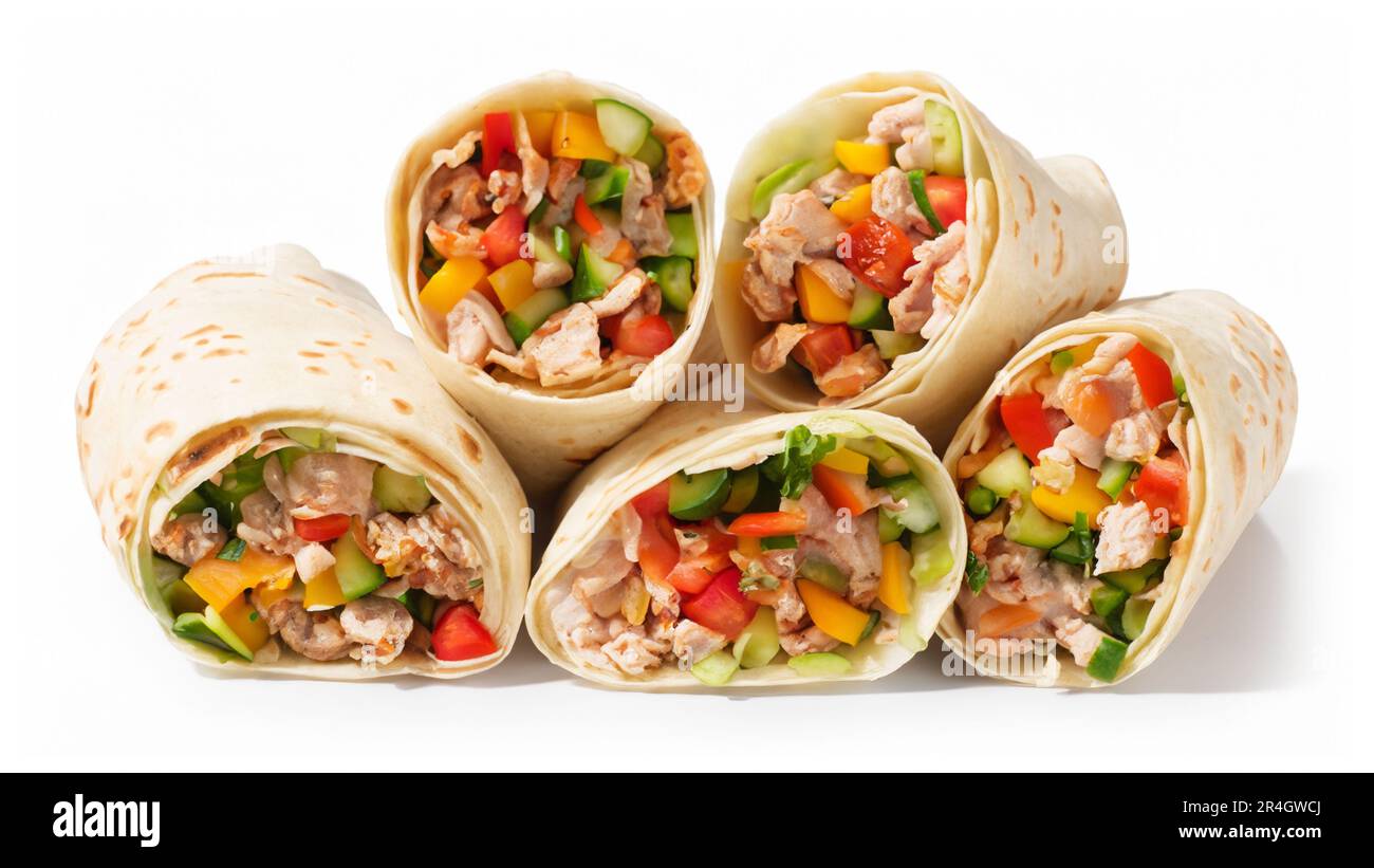 Tortilla wrap with fried chicken meat and vegetables isolated on white ...