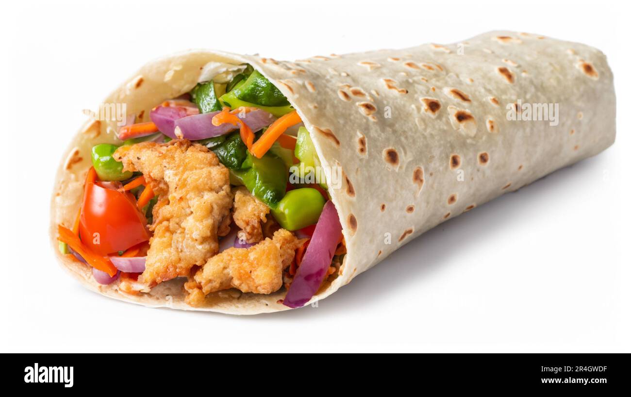 Tortilla wrap with fried chicken meat and vegetables isolated on white ...