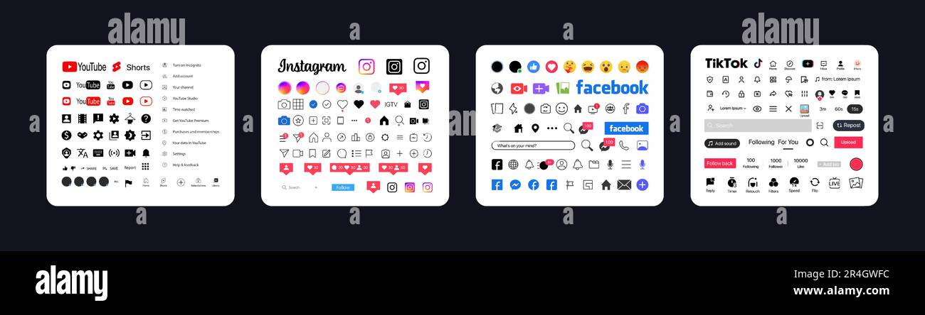 Instagram, Tik Tok, Facebook, YouTube button icon. Set screen social ...