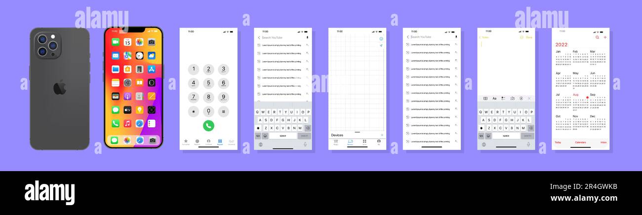 Iphone 13 interfaces. Apple mockup. Front, back side of the phone ...