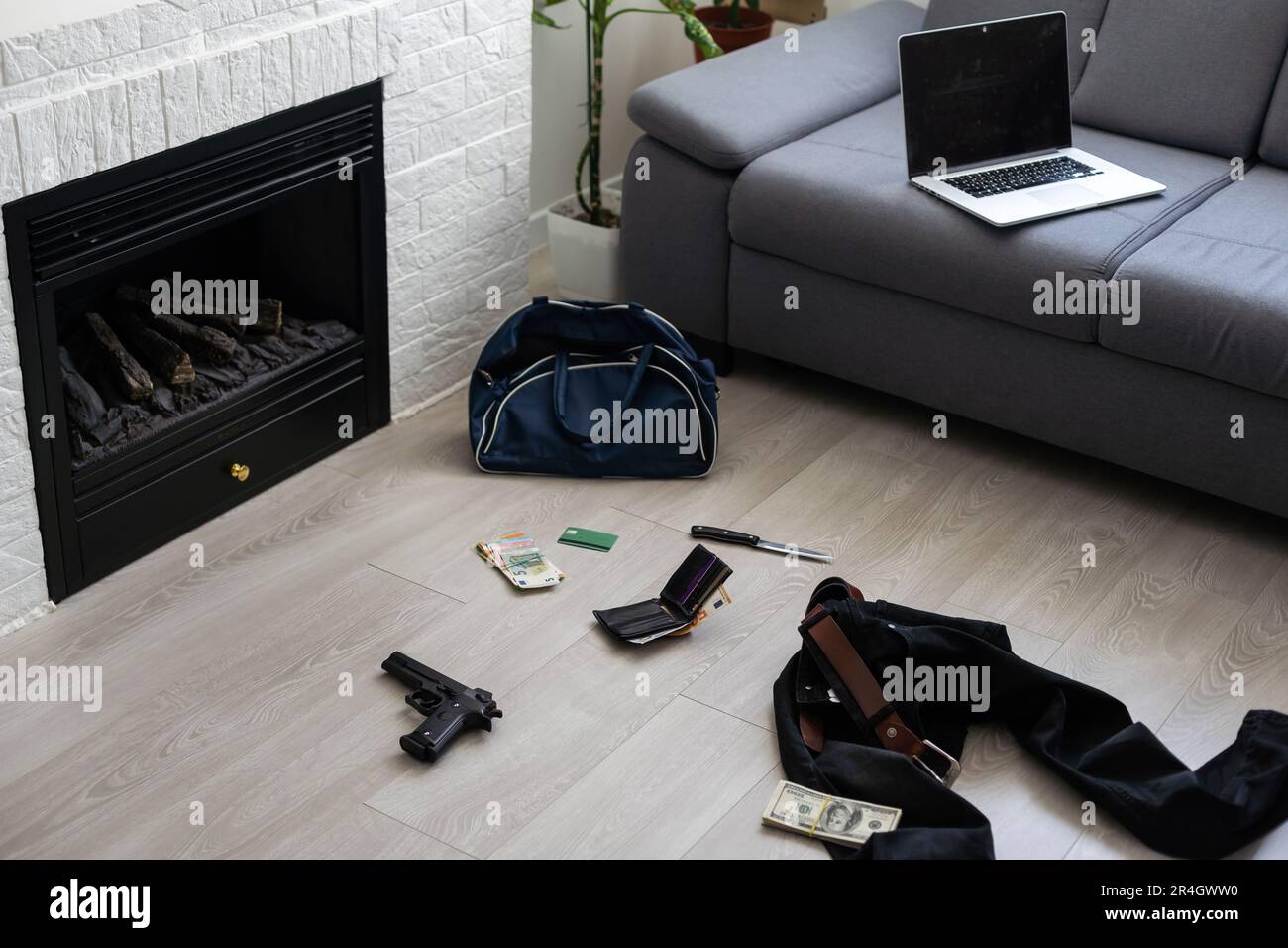 Flat lay composition with evidences and crime scene markers on wooden ...