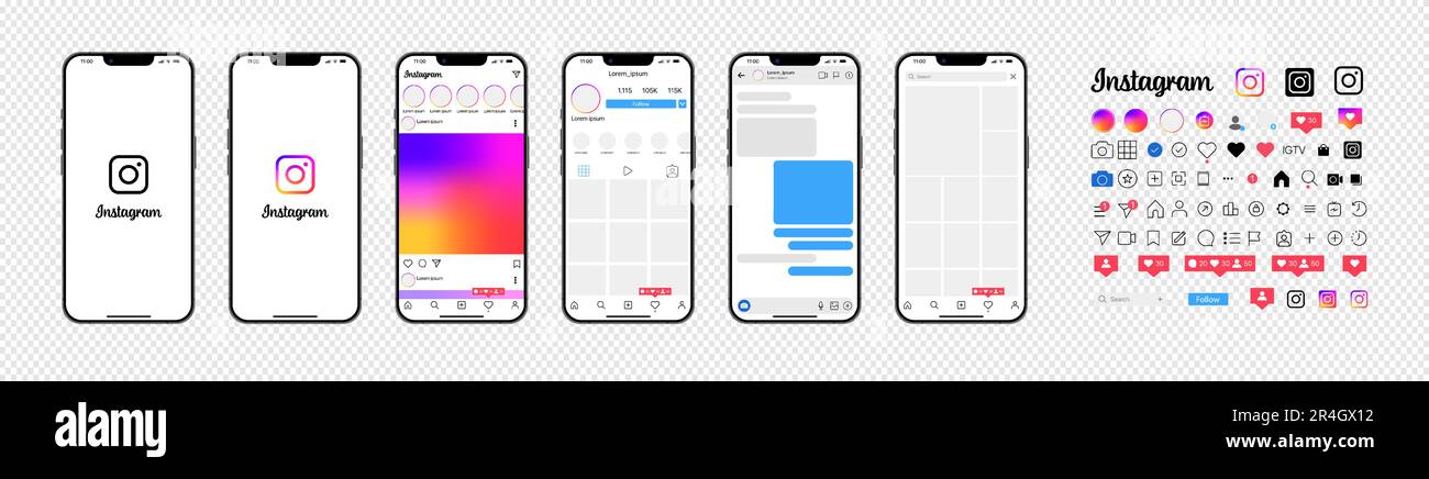Instagram mockup with button. Set instagram screen social media and ...