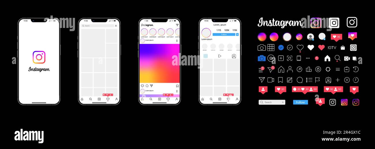 Instagram design. Set screen social media and network interface ...